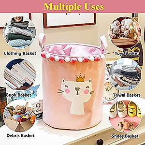 Cute Babys Laundry Basket - Kids Laundry Hamper for Girls, (Cat) Collapsible Thicken Durable Toys Organizer Storage Round Baskets and Nursery Bedroom Decor (Pink）