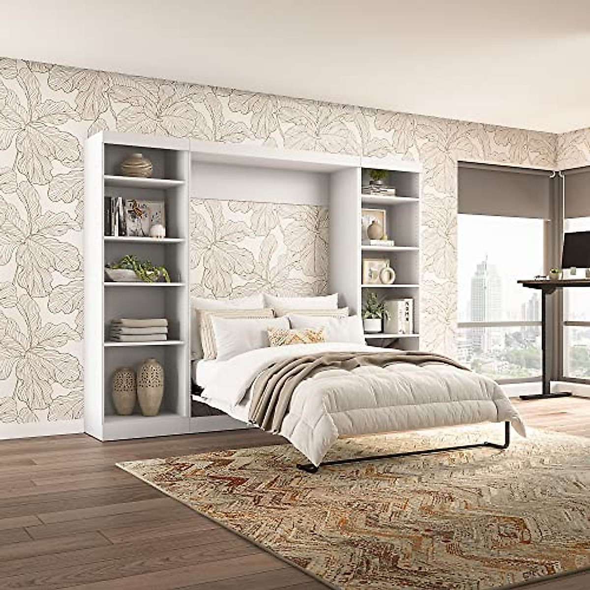 Bestar Pur Full Murphy Bed with 2 Shelving Units, 109-inch Space-Saving Wall Bed with Storage