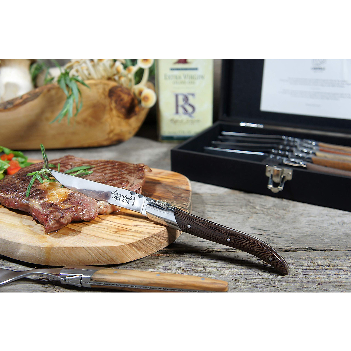 Laguiole Style de Vie Steak Knives, Luxury Line, 6 pieces, Mixed Wood, in giftbox