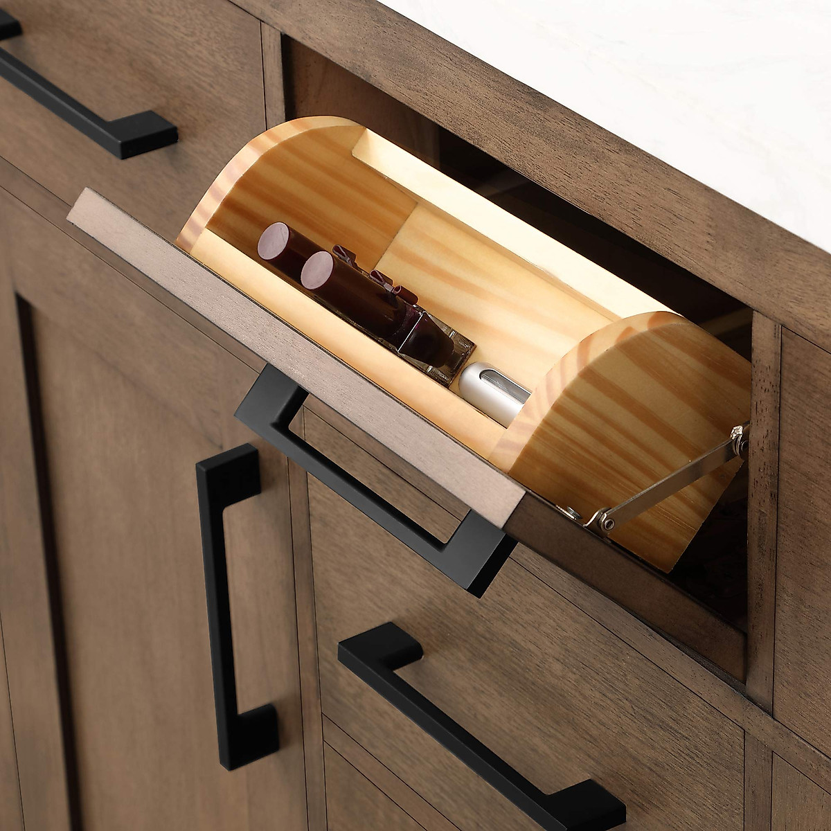 OVE Decors Maya Plus 42 in. Single Sink Bathroom Vanity in Almond Latte Finish, Black Hardware and Included Power Bar