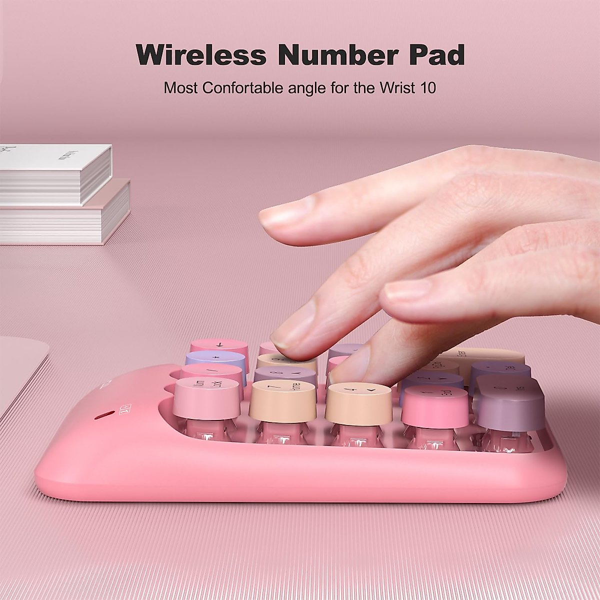 MOWUX Wireless Number Pads, Cute Colorful Numeric Keypad Numpad Portable 2.4 GHz Financial Accounting Number Keyboard Extensions, 18 Key Number Numpad for Laptop Desktop, PC (Pink)