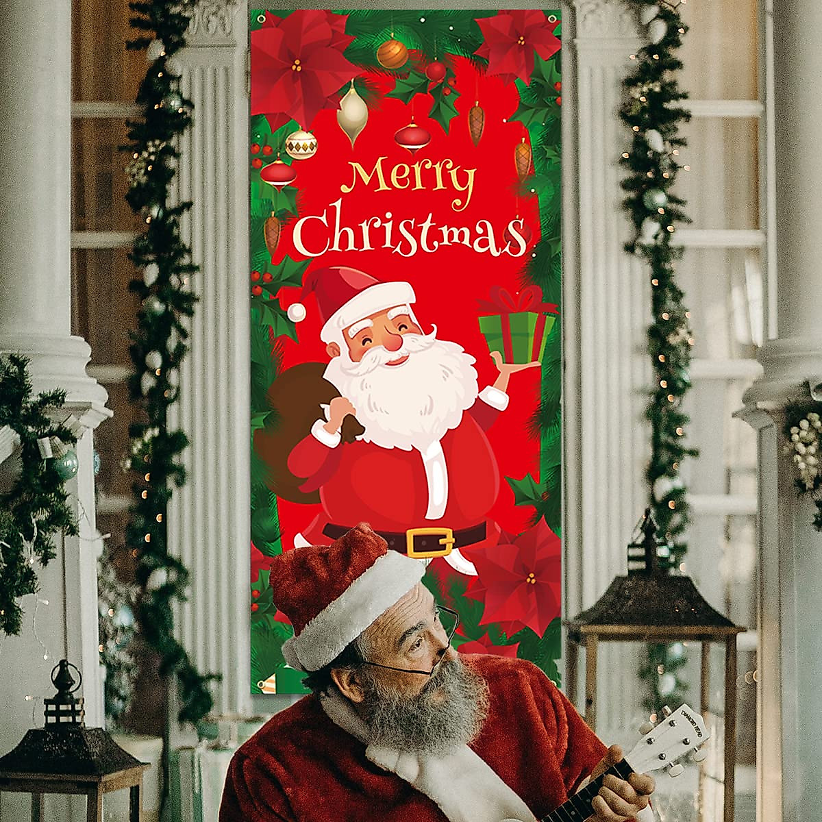 Christmas Door Cover Santa with Gifts Door Decoration Holiday Banner Backdrop 78 x 35.4 Inches