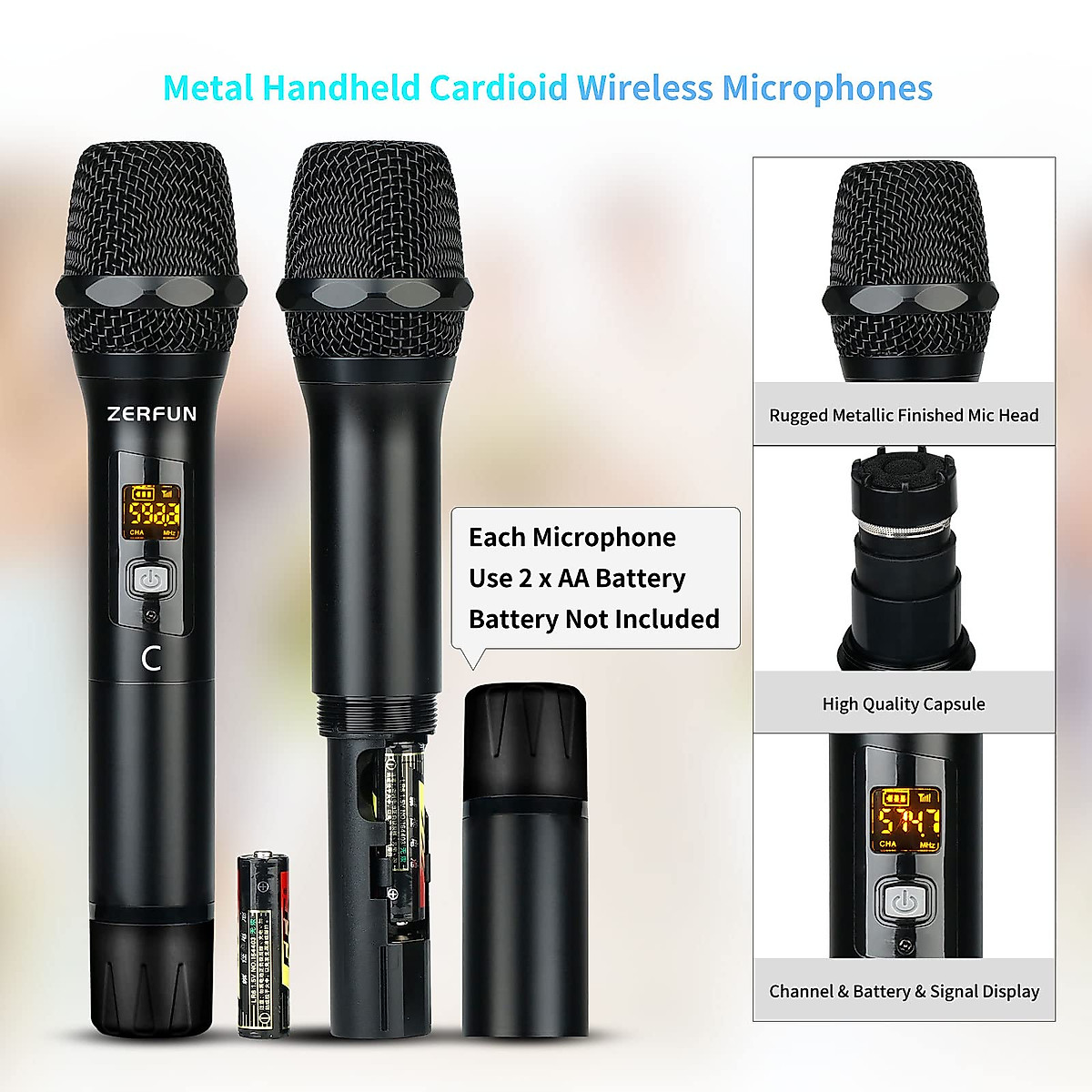 ZERFUN Pro Wireless Microphone System 4 Channel, UHF Metal Cordless Handheld Mics for Church Karaoke Singing, 4x50 Adjustable Frequency(G8 Battery 4 Handheld)