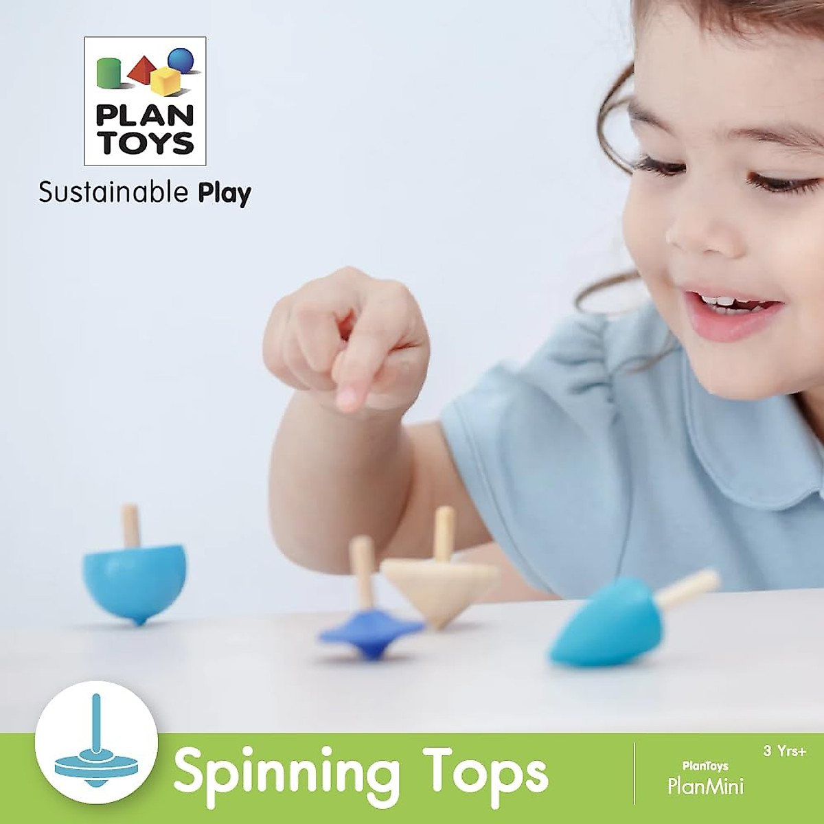 PlanToys Wooden Spinning Tops (4132) | Sustainably Made from Rubberwood and Non-Toxic Paints and Dyes | PlanMini Collection