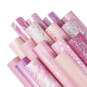 16 Pieces 8x6 Inch Pink and Baby Pink Series Faux Leather Fabric Sheets Include Metallic Litchi Fine Chunky Glitter Holographic Flamingo Patent Embossing Mermaid Scale for Leather Earring Bows Making