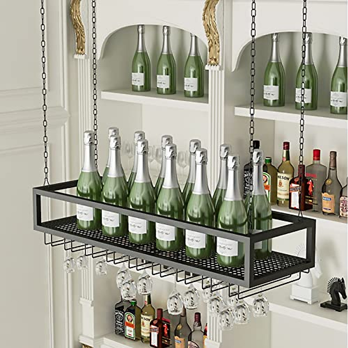 DASHADAO Hanging Wine Glass Rack-Black Wine Rack Home Wine Bottle Racks Ceiling Wall-Mounted Storage Shelf with Hanging Stemware Champagne Glasses Holder Metal Bar Unit Floating Shelves HOM