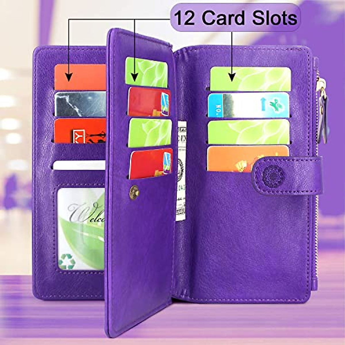 Harryshell Compatible with iPhone 14 Pro Max 6.7 inch 5G 2022 Wallet Case Detachable Magnetic Cover Zipper Cash Pocket Multi Card Slots Holder Wrist Strap Lanyard (Floral Purple)