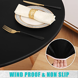 Smiry Round Table Cloth Cover, Elastic Fitted Flannel Backed Vinyl Tablecloths for 36"-44" Round Tables, Waterproof Wipeable Table Covers for Indoor, Outdoor, Picnic and Camping, Black