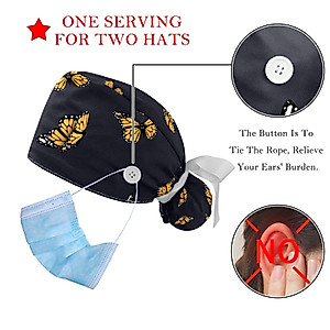 Yellow Butterfly Black Background Working Caps with Buttons, Long Hair Scrub Hats Ponytail Holder for Women