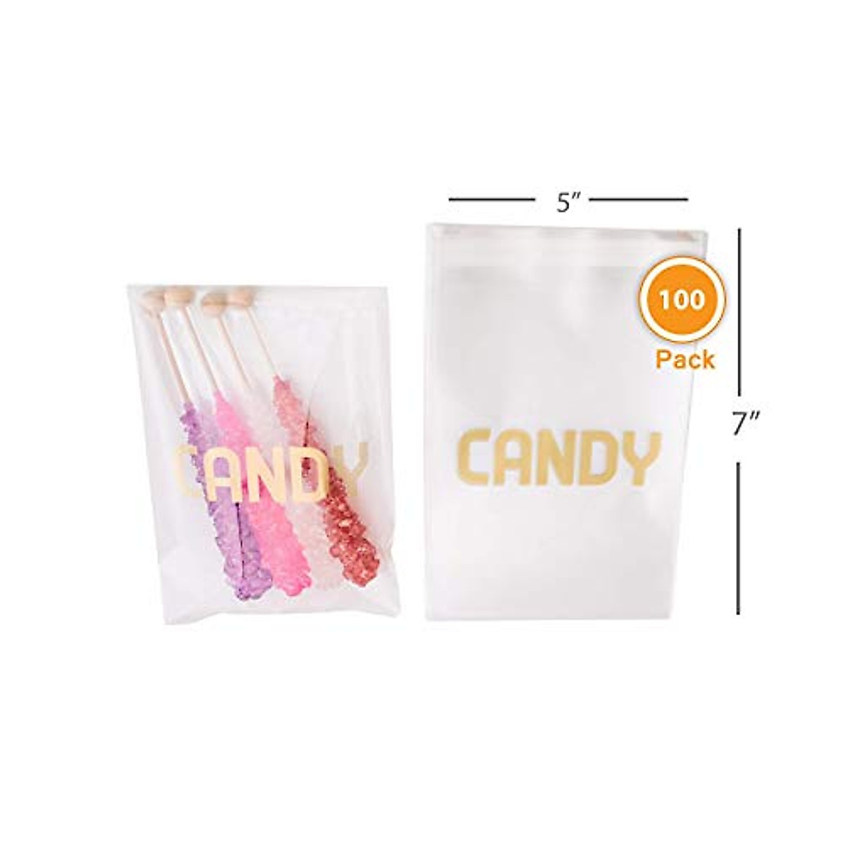 Sweet Details Party Co. Cellophane 'Candy' Bags (100 Pack) Gold & Clear Goodie Bags for Candy Bar & Buffet Gifts- Wedding/Birthday Party Favor Bags- Self-Sealing & Resealable Adhesive - NO Ties!
