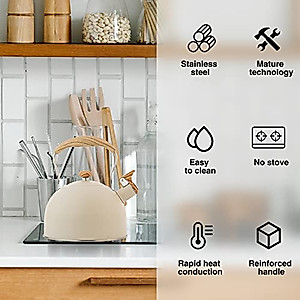 Tea Kettle,2.6 Quart Whistling Tea Kettle,Tea Kettle Stovetop,Food Grade Stainless Steel Teapot with Wood Pattern Handle, Loud Whistle Kettle for Tea, Coffee, Milk(Beige-2.6 Quart)