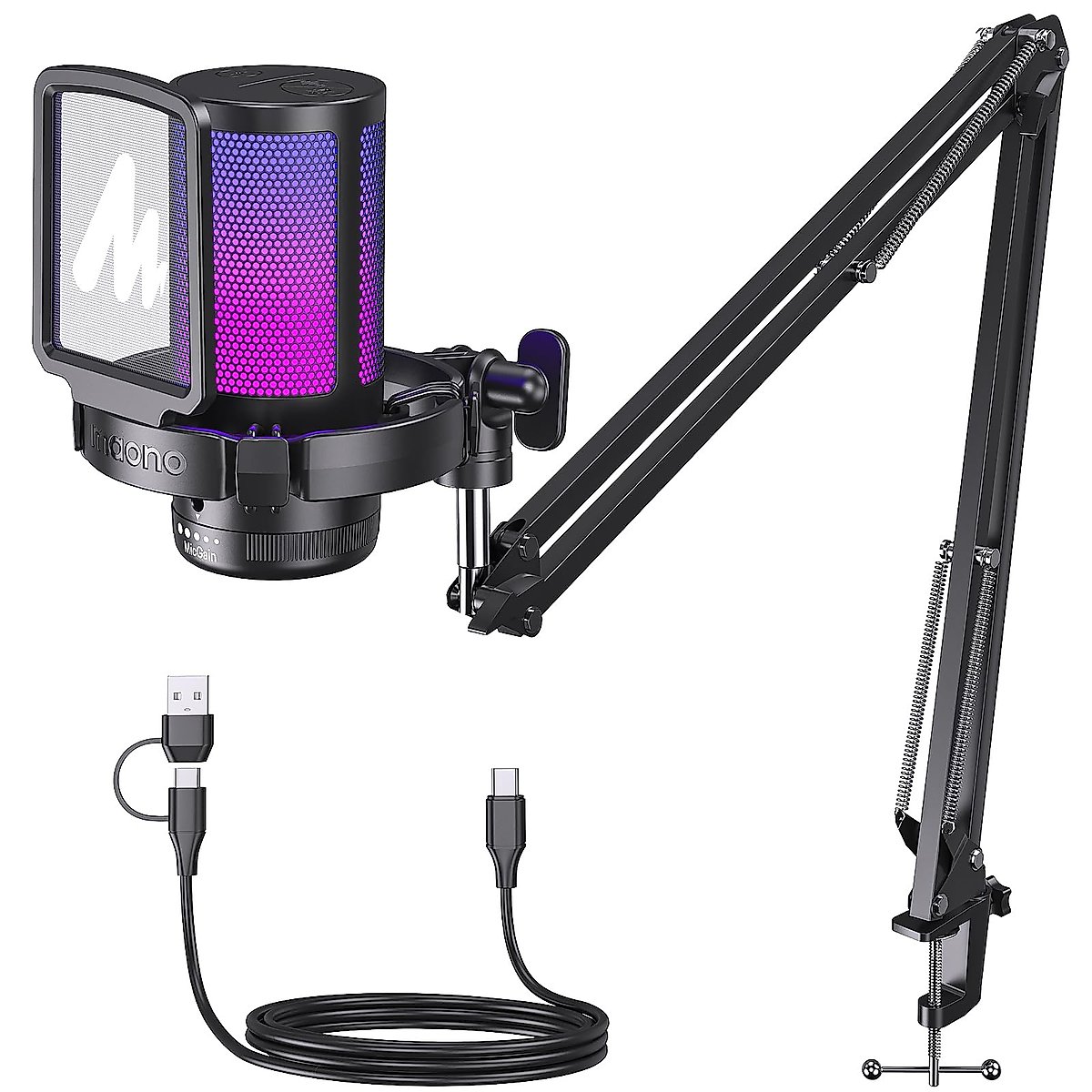 MAONO Gaming USB Microphone, Noise Cancellation Condenser mic with Mute, Gain, Monitoring, Boom Arm for Streaming, Podcast, Twitch, YouTube, Discord, PC, Computer, PS4, PS5, Mac, GamerWave DGM20S