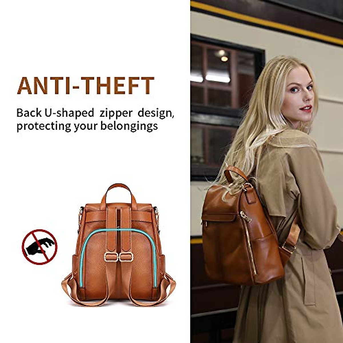 Kattee Women's Anti-Theft Backpack Purse Genuine Leather Shoulder Bag Fashion Ladies Satchel Bags - Brown