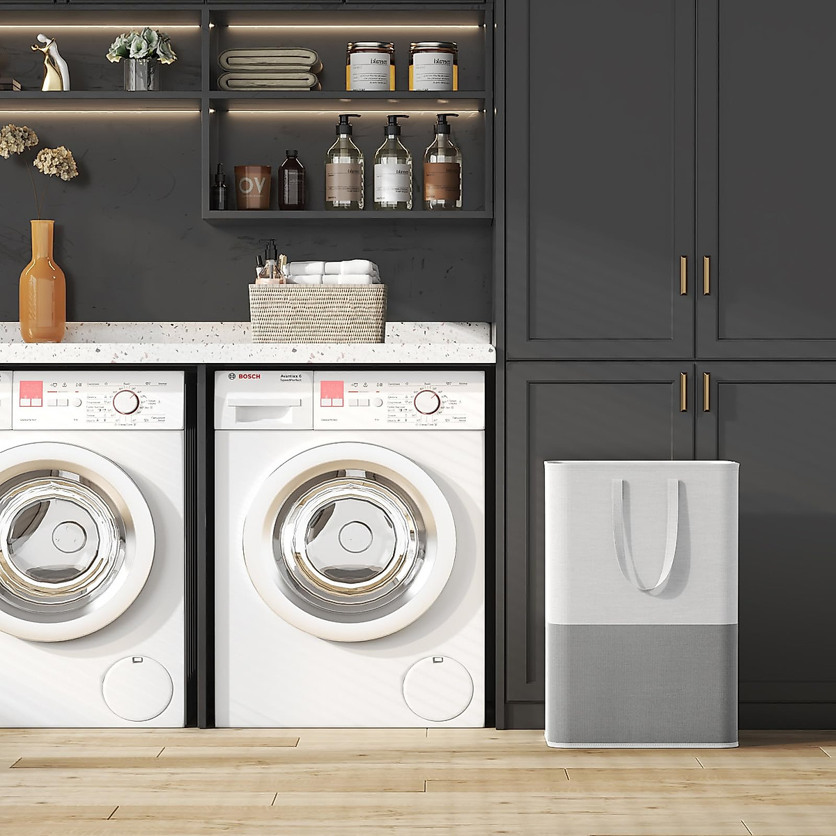 Lifewit 2 x 80L Laundry Hamper, Freestanding Laundry Basket with Handles, Waterproof Tall Collapsible Clothes Hamper for Laundry Dorm Bedroom Bathroom, Dark-Light