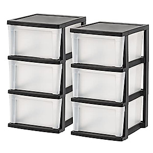 IRIS USA 3-Drawer Plastic Storage Dresser, 2-Pack, Standing Organizer Storage Container Bin with Drawers for Clothes Crafts Classroom Bedroom Dorm, Black/Clear