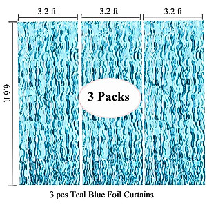 3 Pack 3.2 ft x 6.6 ft Teal Blue Matte Wavy Fringe Foil Curtains Photo Backdrop for Mermaid Birthday Party Decorations,Under The Sea Party Decorations