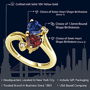 Gem Stone King 10K Yellow Gold Customized and Personalized 2 Gemstone Birthstone Heart Engagement Ring | Wedding Anniversary Promise Ring For Women | Available In Size 5, 6, 7, 8, 9