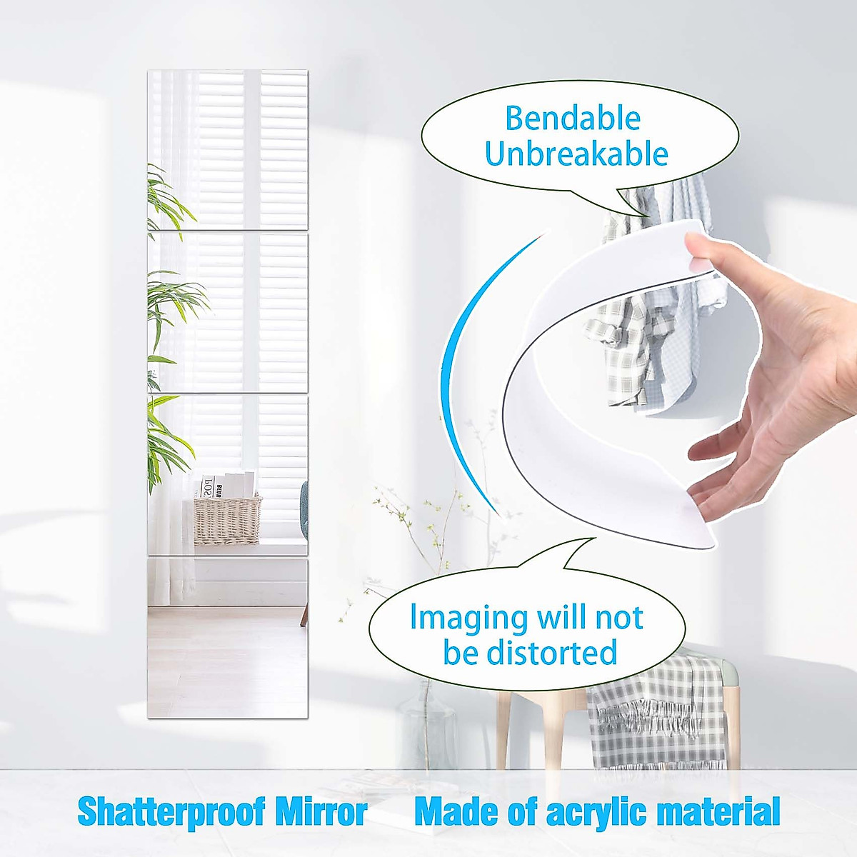 CEYAZYE 4PCS Full Body Mirror Stickers, 11.8'' x 11.8'' Acrylic Silver Wall Mirrors, 3D Square Wall Decor, DIY Self-Adhesive Art Sticker Decal for Living Room Bedroom Nursery and Playroom