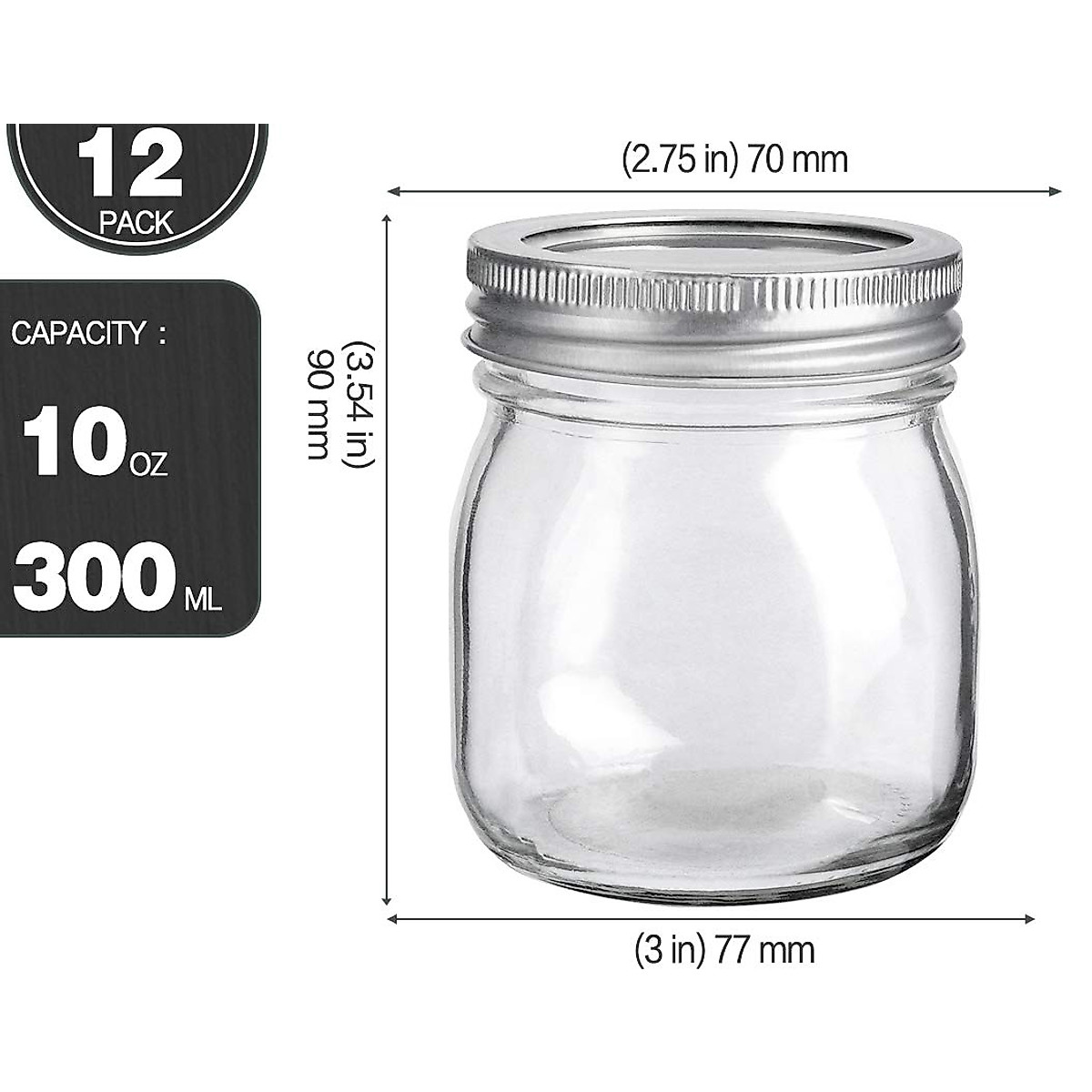 KAMOTA Mason Jars 10 oz With Regular Lids and Bands, Ideal for Jam, Honey, Wedding Favors, Shower Favors,DIY Spice Jars, 12 PACK, 20 Whiteboard Labels Included