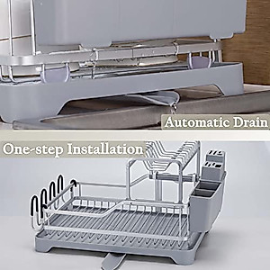 Panchydor Dish Rack,Aluminum 2 Tier Silver Large Dish Drainers for Kitchen Counter,One-Step Installation Automatic Draining Dish Rack with Cup Holder,Utensil Holder,Cutting Board Holder,Two Hooks