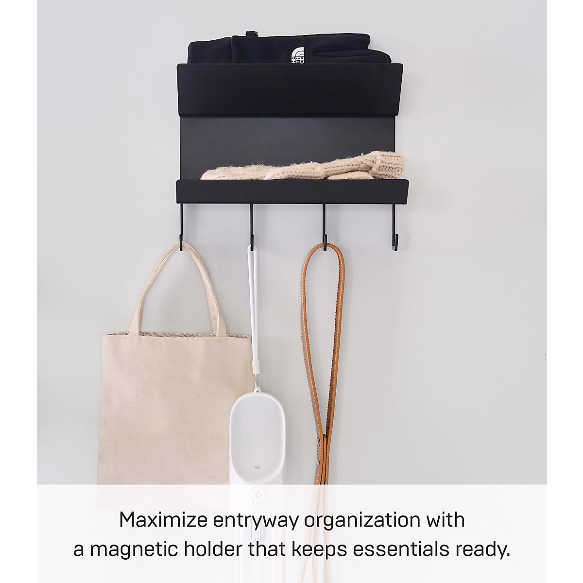 Yamazaki Home Tower Magnetic 2-Tier Entryway Organizer - Storage for Gloves and Hats with Hooks for Keys and Bags - Steel