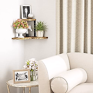 SRIWATANA Rustic Corner Shelf, 2-Tier Wood Wall Shelf, Wall Mounted Storage Shelves for Bedroom, Living Room, Bathroom, Carbonized Black