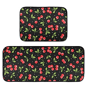 ALAZA Japanese Cute Red Cherry Kitchen Rug Set, 2 Piece Set, Non-Slip Floor Mat for Living Room Bedroom Dorm Home Decor, 19.7 x 27.6 Inch + 19.7 x 47.2 Inch