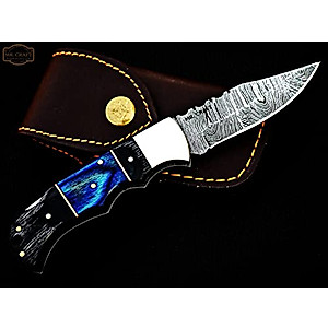 Personalized & Customized Word "A" Damascus pocket knife folding hunting knives 6.5" back lock with leather sheath Damascus blade knife - folding camping pocket knife - small folding knife - handmade gift knife - folding knives - sharpest pocket knife - h