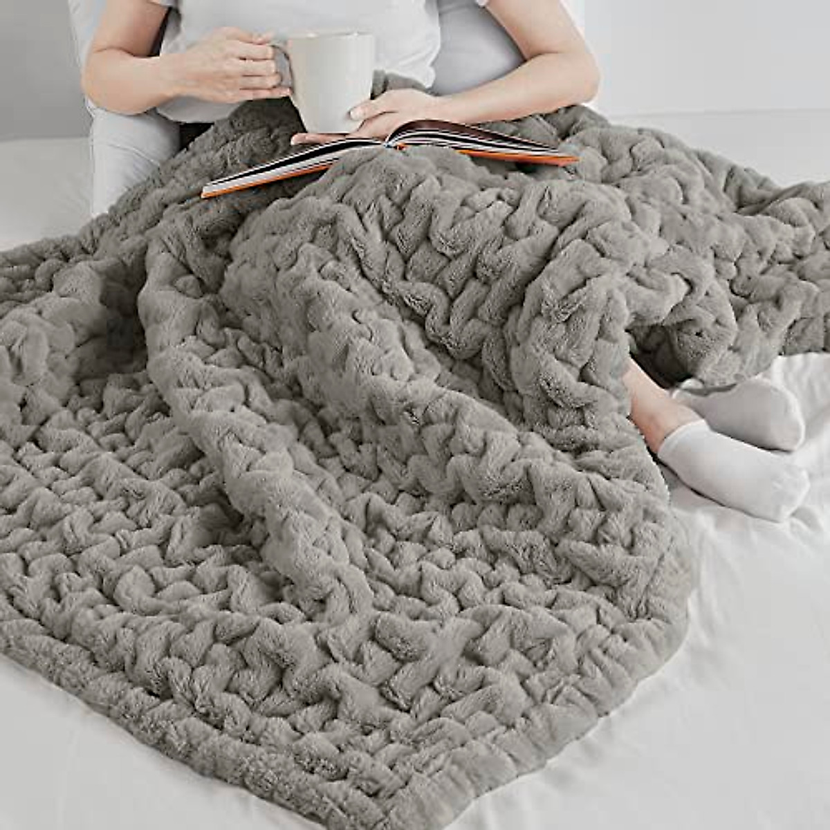 Madison Park Ruched Fur Luxury Throw Premium Soft Cozy Brushed Long Faux Fur For Bed, Couch or Sofa , 50x60" , Grey