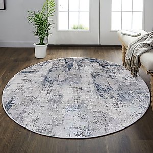 vivorug Washable Rug, Ultra Soft - 4' Round Rug, Non Slip Abstract Rug Foldable, Stain Resistant Rugs for Living Room Bedroom, Modern Fuzzy Rug (Grey/Navy, 4 Round)