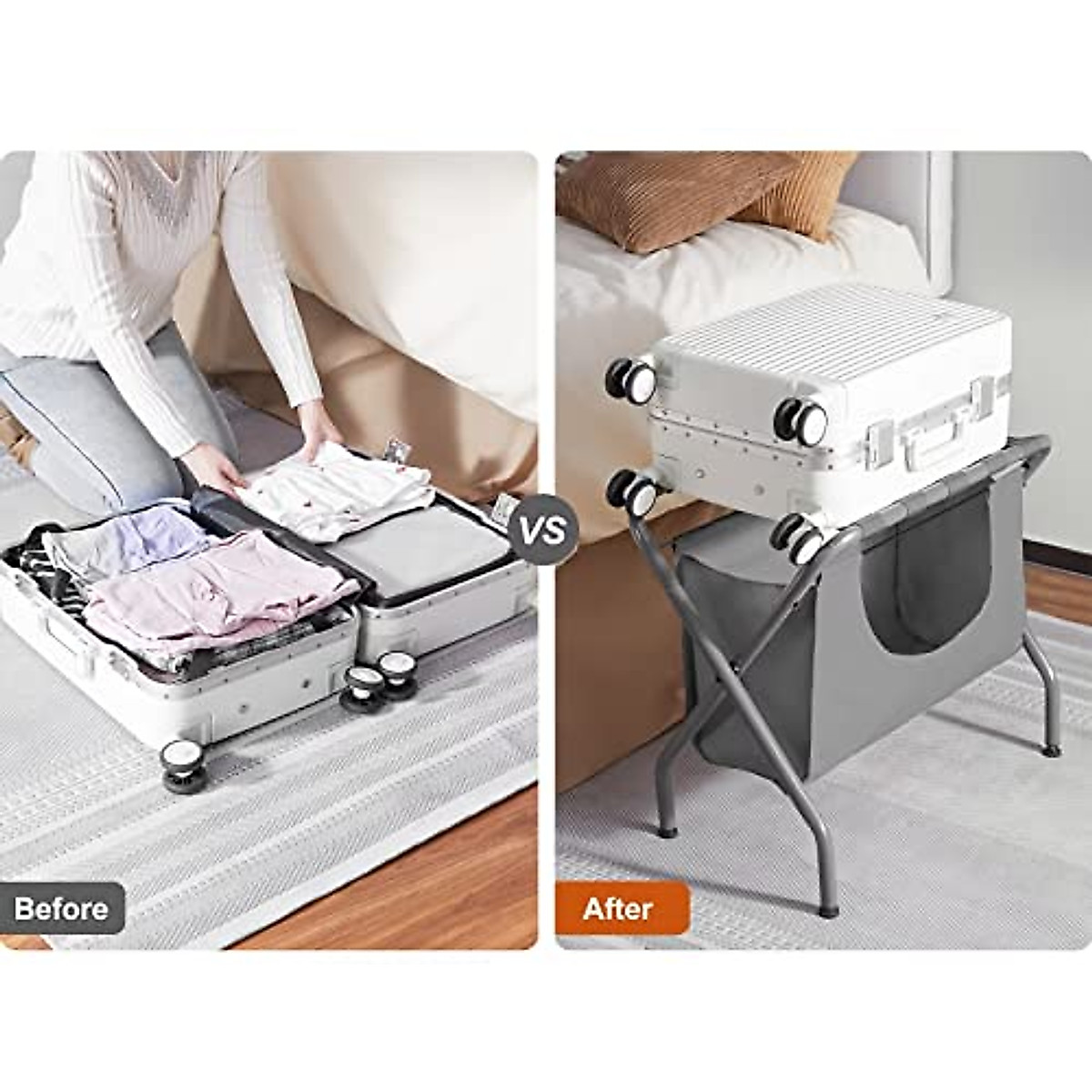 ELYKEN 2 Pack Luggage Rack with Laundry Bag, Guest Room Folding Space Saving Suitcase Holder, Max 110LBS Baggage Shelf with Heavy Duty Nylon Belts, Dirty Clothes Storage for Bedroom Hotel