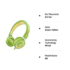 NIVAVA Kids Headphones, K8 Wired Headphones for Kids with Adjustable Headband 3.5 MM Jack for School, Foldable On-Ear Headset for Girls Boys Kindle Tablet Cellphones Airplane Travel (Green Yellow)