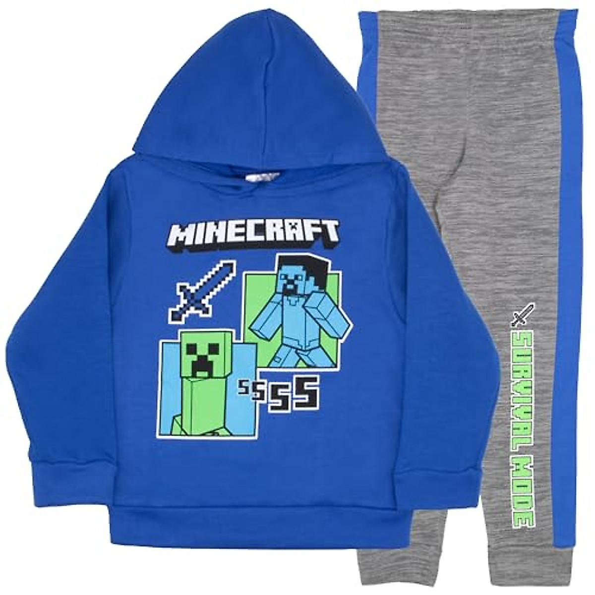 Minecraft Boys 2 Piece Fleece Pants Sets, Pullover Hoodie and Jogger Set for Boys (Blue, Size 7)