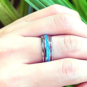 Aloha Jewelry Company 8mm Opal Tungsten Carbide Hawaiian Koa Tree Wood with Created Comfort Fit Ring Engagement Wedding Band Dome Style Weighted High Polished Finish with Gift box (Blue Opal, 8.5)