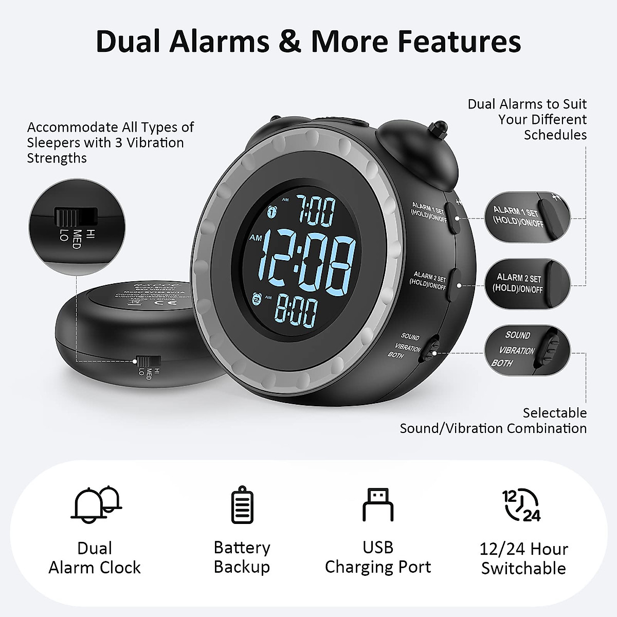 uscce Loud Dual Alarm Clock with Bed Shaker - 0-100% Dimmer, Vibrating Alarm Clock for Heavy Sleepers or Hearing Impaired, Easy to Set, USB Charging Port, Snooze, Battery Backup