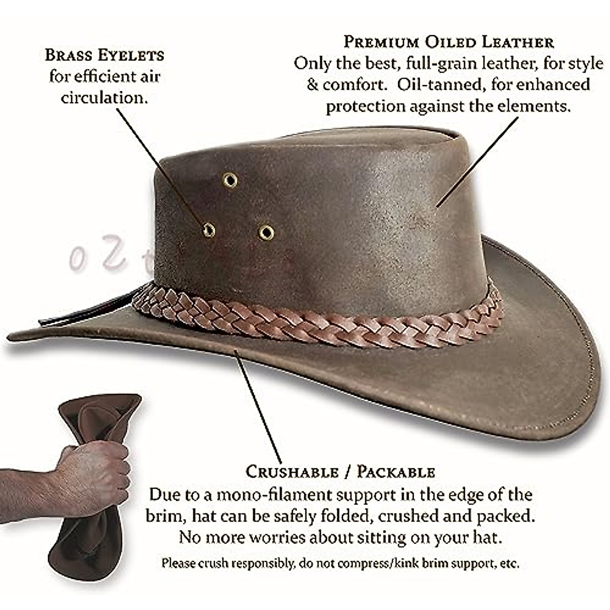 Oztrala Oiled Leather Hat Australian Outback Western Jacaru Cowboy WO HL11 US Brown