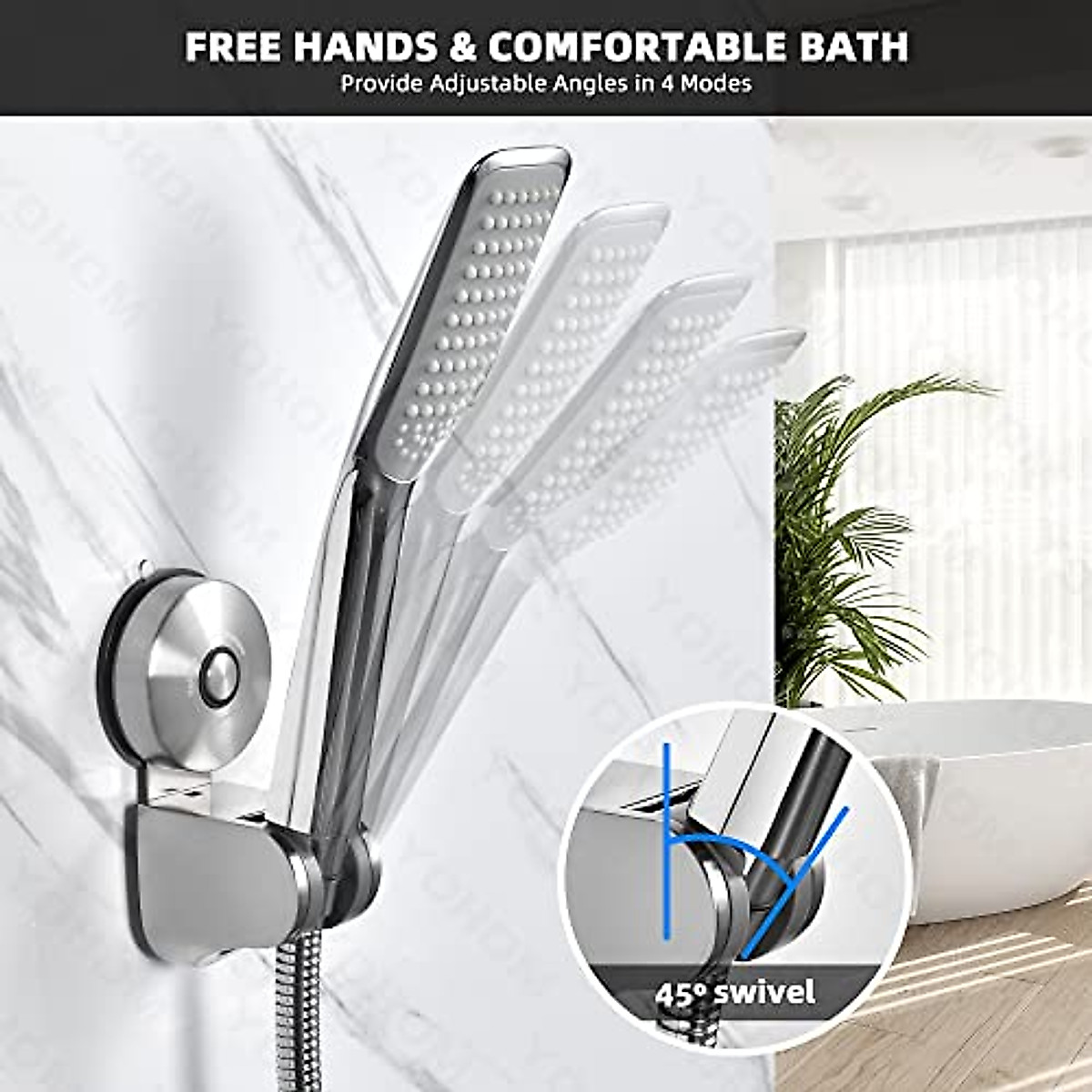 YOHOM Shower Head Holder Suction Cup Handheld Shower Bracket Adjustable Vacuum Shower Wand Hose Holder for Sprayer Nozzle Removable Bathroom Shower Accessory Clip Wall Mount Stainless Steel Brushed