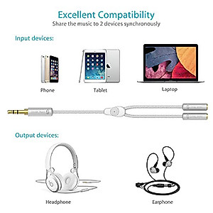 Syncwire Headphone Splitter, Nylon-Braided 3.5mm Extension Cable Audio Stereo Y Splitter (Hi-Fi Sound), 3.5mm Male to 2 Ports 3.5mm Female Headset Splitter for Apple, Samsung & More - Silver