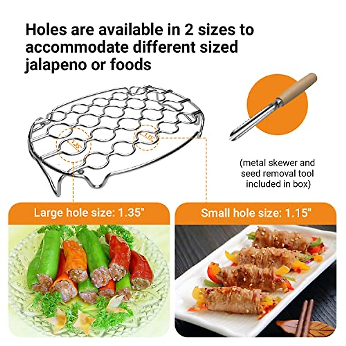 Jalapeno Rack - 12"X8.5" Popper Rack With Jalapeno Corer Tool, Jalapeno Grill Rack Contain 2 Sizes Of Holes For Different Sizes Of Peppers; Folds To Use As Steam Rack For Oval Roasting Pan And Grills