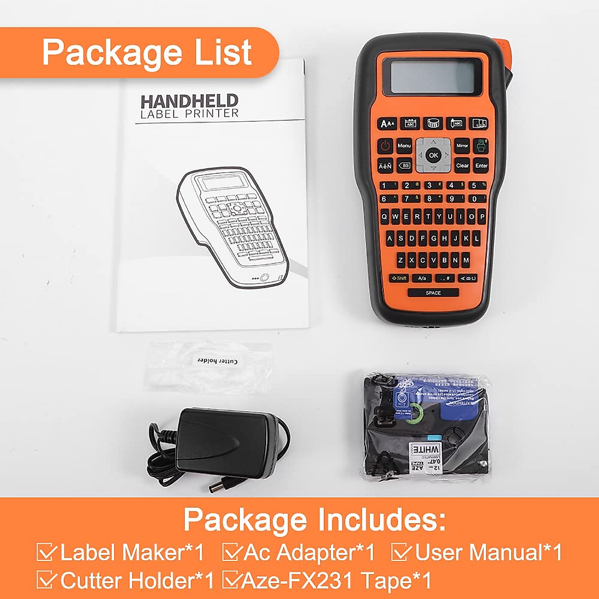MarkDomain Label Maker Machine E1000Portable Handheld Cable Labeler Machine with AC Adapter, QWERTY Keyboard, One-Touch Keys, Easy to use for Home Office & Industrial Labeling Jobs, Orange