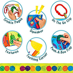 Let's Count Soft Book - World of Eric Carle the Very Hungry Caterpillar Baby on the Go Clip Teething Crinkle Soft Sensory Book for Babies, 5.25x5.25 Inch