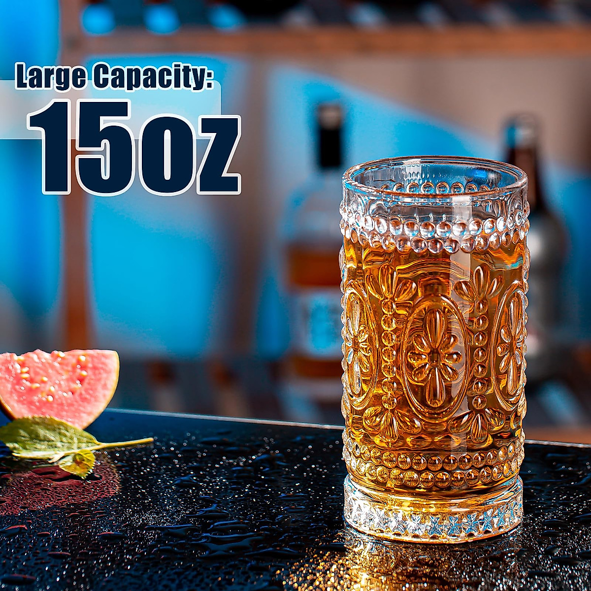 Claplante Vintage Drinking Glasses, 12 pcs Romantic Highball Glasses, 15oz Glass Cups,Tall Water Glass Tumblers, Mojito Cups, Cocktail Glass, Vintage Glassware Set for Juice, Cocktail, Whiskey