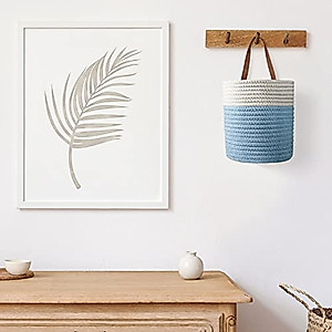 VASS Group 2-Pack 100% Cotton Rope Baskets with Leather Handles – 8”x 7” Sturdy Hanging Woven Wall Storage Bins for Home Decor Organizing – Blue