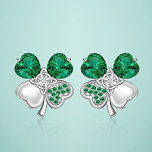 St Patricks Day Shamrock Earrings Sterling Silver Four Leaf Clover Irish Triquetra Celtic Knot Earrings for Women Emerald Green CZ Stud Prom Valentines Day Gift