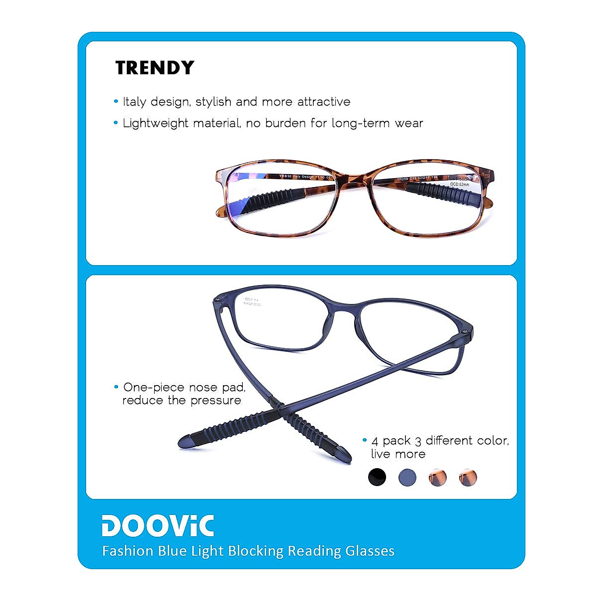 DOOViC Reading Glasses 4 Pack Blue Light Blocking Anti Eyestrain Flexible Lightweight Computer Readers for Men Women 1.75 Strength