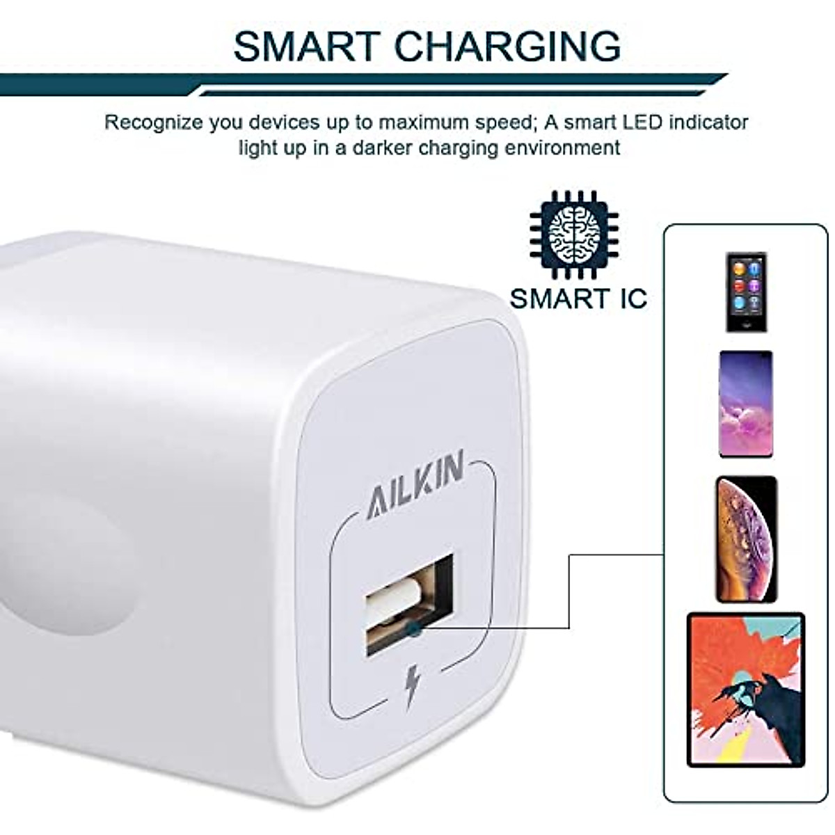 USB Charger, iPhone Wall Charger Block, AILKIN 3Pack Single Port iPhone Fast Charging Power Adapter Plug Cube Compatible with iPhone 14 13 12 Pro Mini Max 11 XR, Samsung Galaxy S23 S22 S21 A52, Google