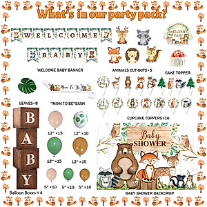 Hombae Woodland Baby Shower Decorations, Baby Shower Decorations for Boy, Forest Animal Gender Neutral Baby Shower Decorations Backdrop Balloon Leaf Banner Box Cutout Cake Cupcake Topper Sash Brown
