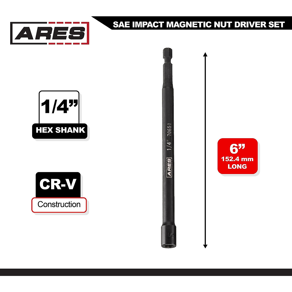 ARES 70651-1/4-Inch Magnetic Impact Nut Driver - Impact Grade Nut Setter with Industrial Strength Magnet