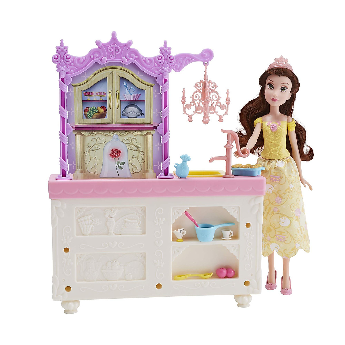 Disney Princess Belle's Royal Kitchen, Fashion Doll and Playset with 13 Accessories, Mrs. Potts, and Chip, Toy for Girls 3 Years and Up