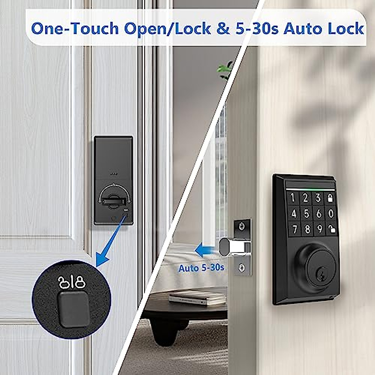 Keyless Entry Door Lock with Keypad, Electronic Smart Lock, Keyless Door Lock with 2 Keys, Electronic Keypad Deadbolt, Door Locks with Keypads, 103 Codes, Auto Lock, Easy Installation, Black